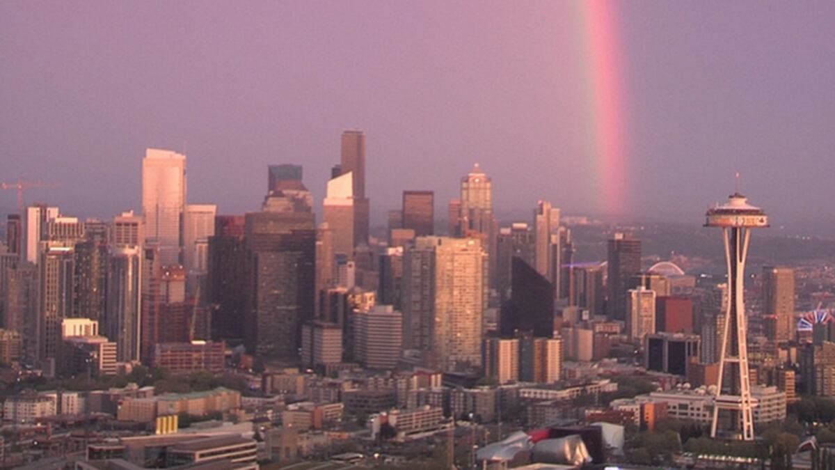 Rainbow appears over downtown Seattle